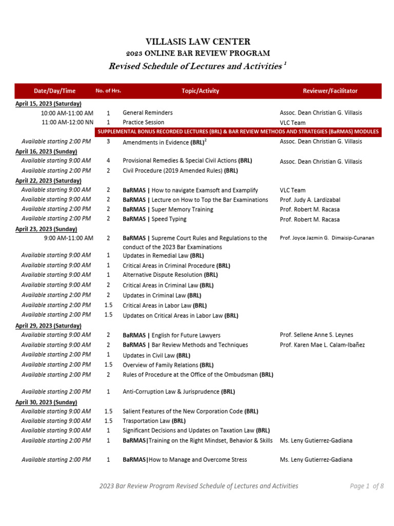 2023 Bar Review Program Revised Schedule of Lectures and Activities | PDF