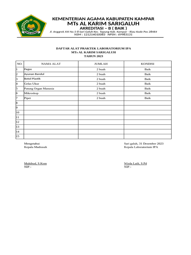 Daftar Alat Peraga - Praktek Laboratorium | PDF