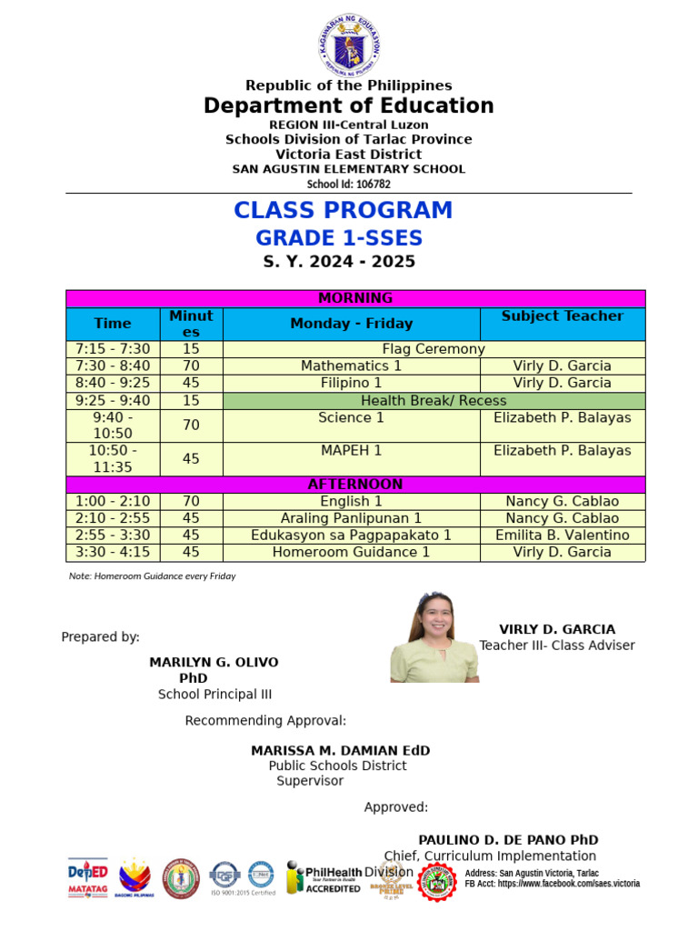 Class Program Grade 1 SSES SY 2024 2025 | PDF