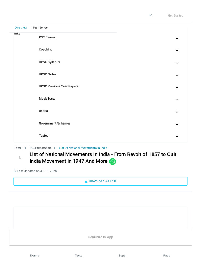 List of Indian National Movements - From 1857 To 1947 - in Detail | PDF ...