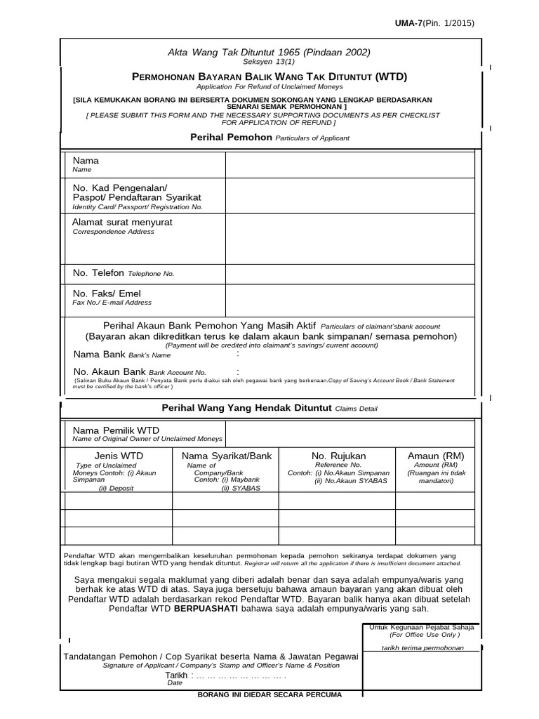 2.0 Borang Permohonan Bayaran Balik WTD (UMA-7) | PDF