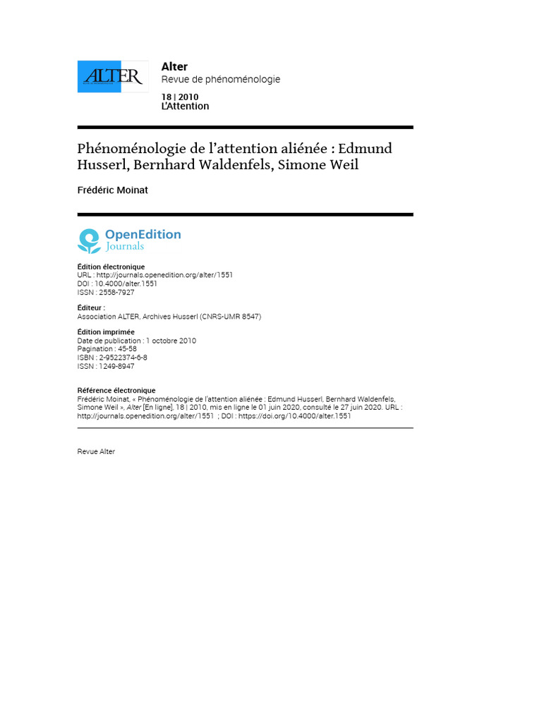 Phenomenologie de L Attention Alienee Ed | PDF
