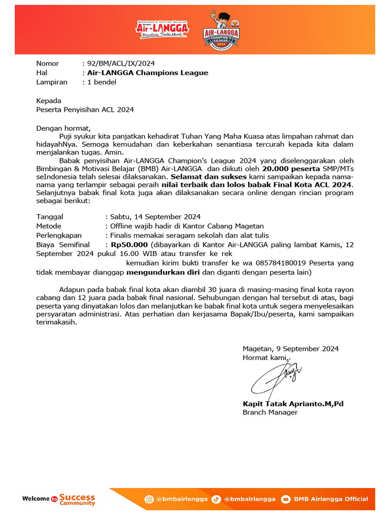 Surat Final Kota ACL 2024 Siswa | PDF