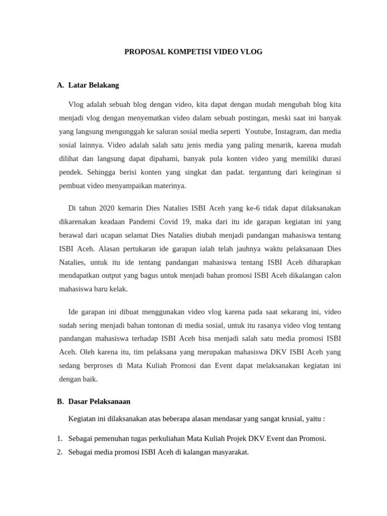 Proposal Lomba Pembuatan Film Pendek Isbi Aceh Dimataku | PDF | Bisnis