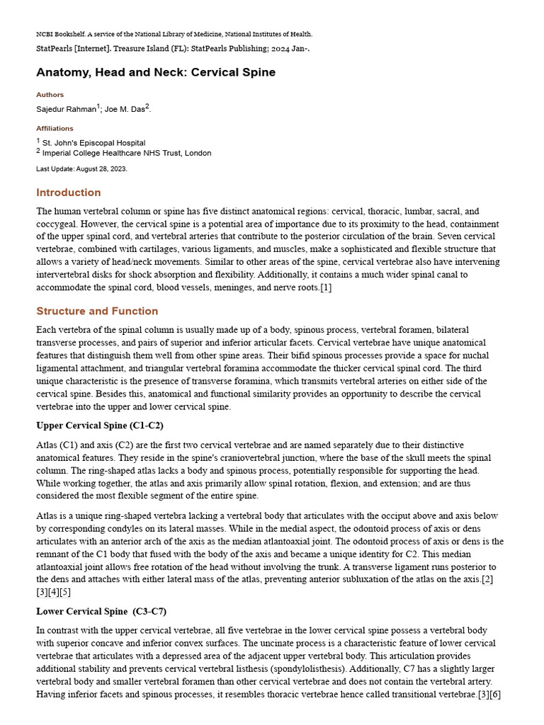 Anatomy, Head and Neck - Cervical Spine - StatPearls - NCBI Bookshelf | PDF