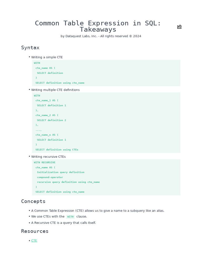 Mission 604 Common Table Expression in SQL Takeaways | PDF