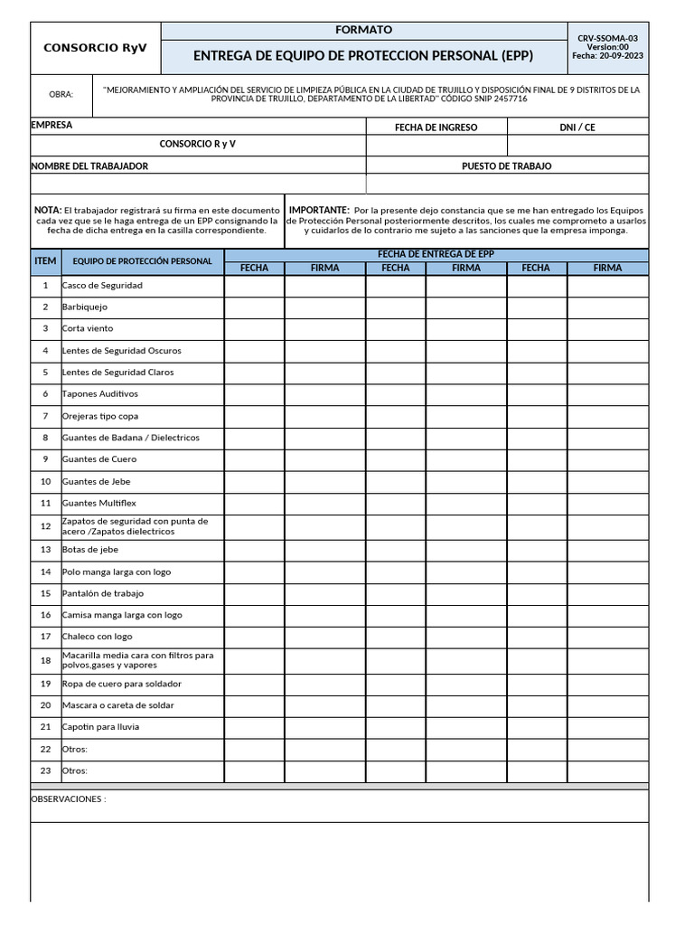 CRV-SSOMA-03 Control de Entrega de EPP | PDF