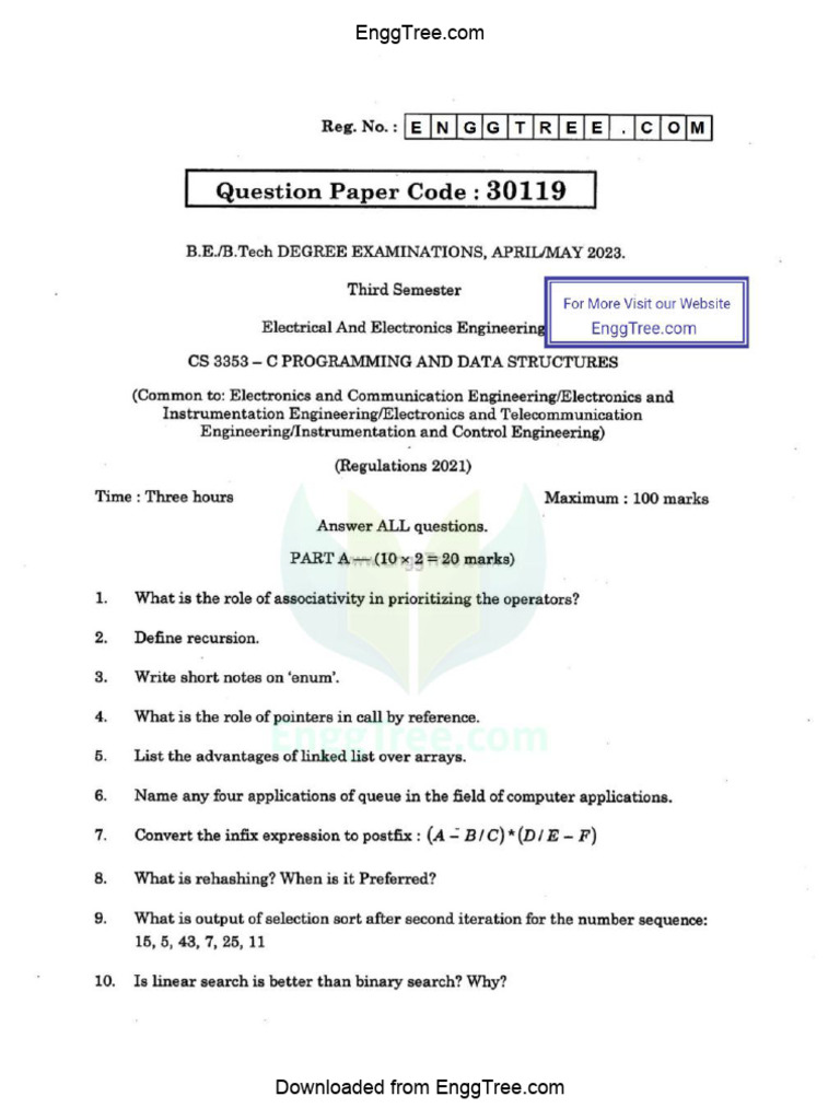 CS3353 C Programming and Data Structures Apr May 2023 Question Paper Download | PDF
