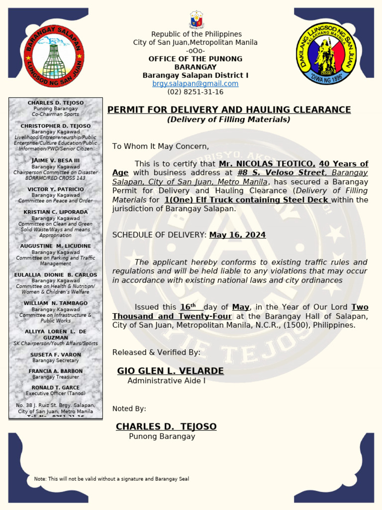 DELIVERY & HAULING CLEARANCE (Delivery of Filling Materials) 2024 ...