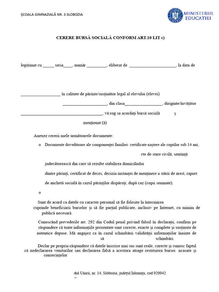 Cerere Bursa Sociala Orfan-Plasament | PDF