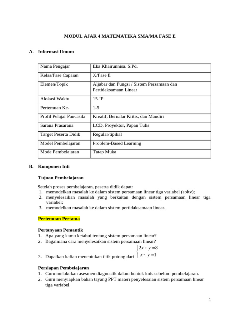 Modul Ajar 4 Sistem Persamaan Dan Pertidaksamaan | PDF