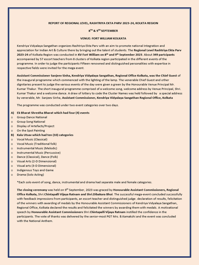 Report of Regionak Level Rashtriya Ekta Parv 2023-24 | PDF