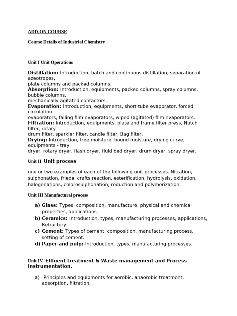 Course Details of ADD ON COURSE- Industrial Chemistry 12.3.2023 | PDF