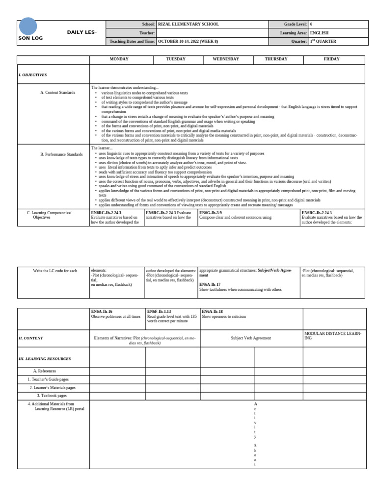 DLL - English 6 - Q1 - W8 | PDF | Reading Comprehension | English Language