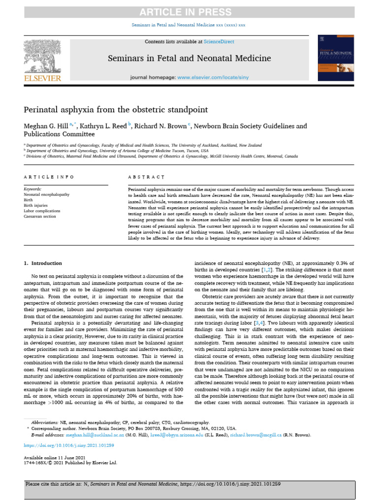 Perinatal Asphyxia From Obstetric Standpoint | PDF