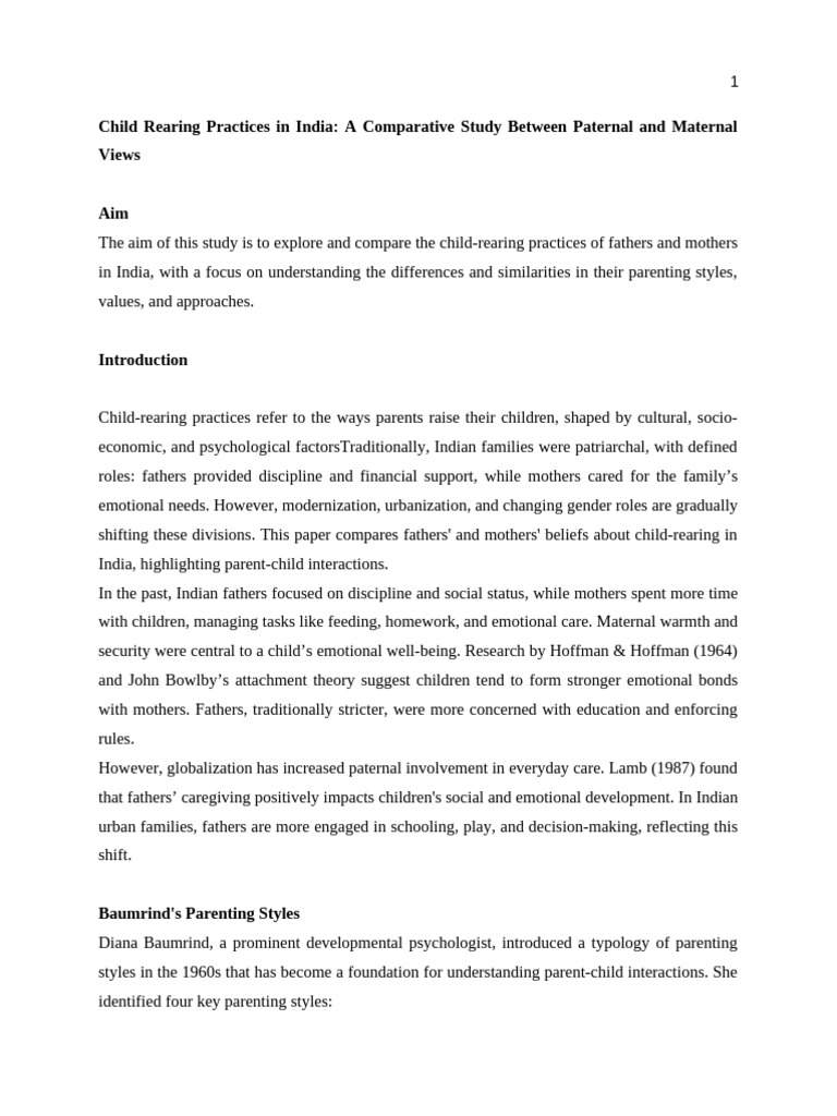 Child Rearing Practices in India - A Comparative Study Between Paternal and Maternal Views | PDF