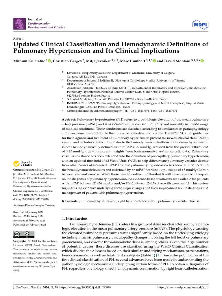 2024 Updated Clinical Classification and Hemodynamic Definitions of Pulmonary Hypertension and ...