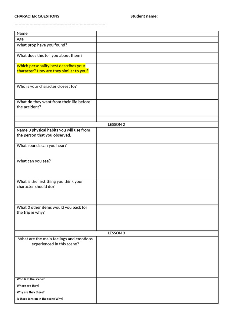 Character Questions ALL LESSONS | PDF