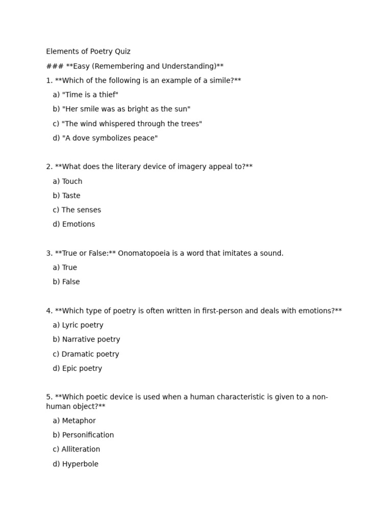 Elements of Poetry Quiz | PDF | Poetry