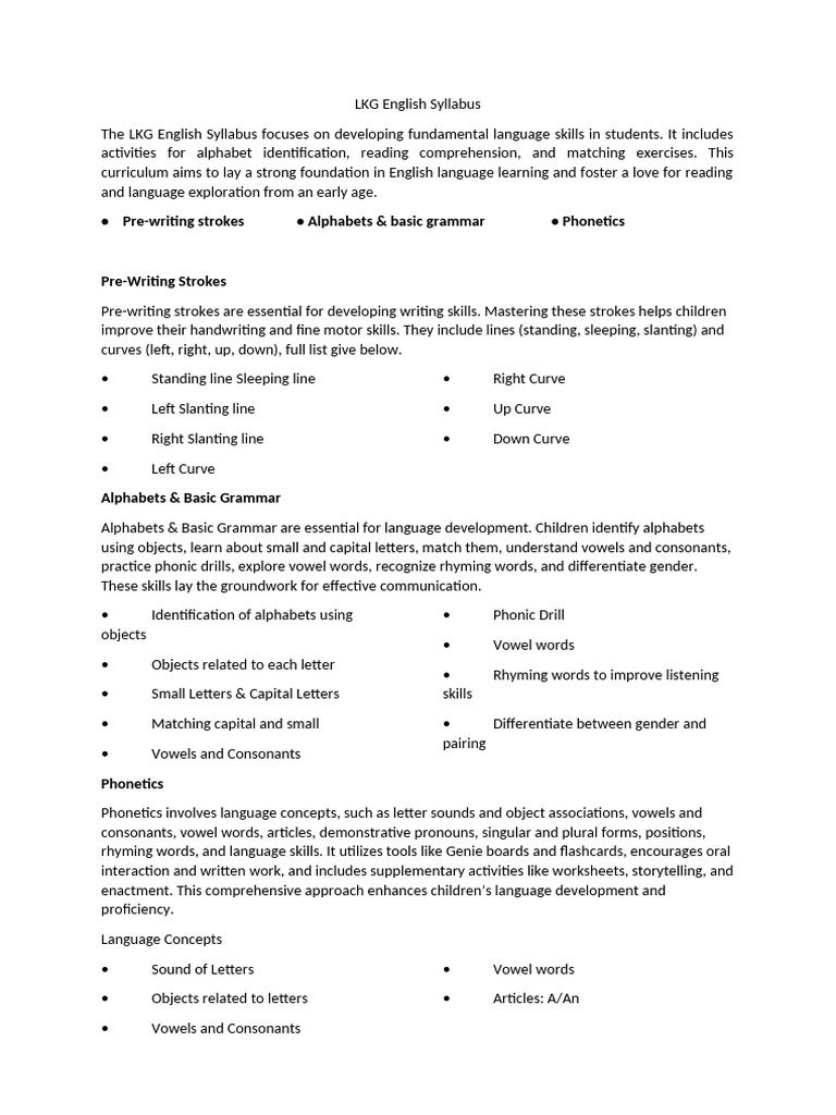 Lkg English Syllabus Pdf