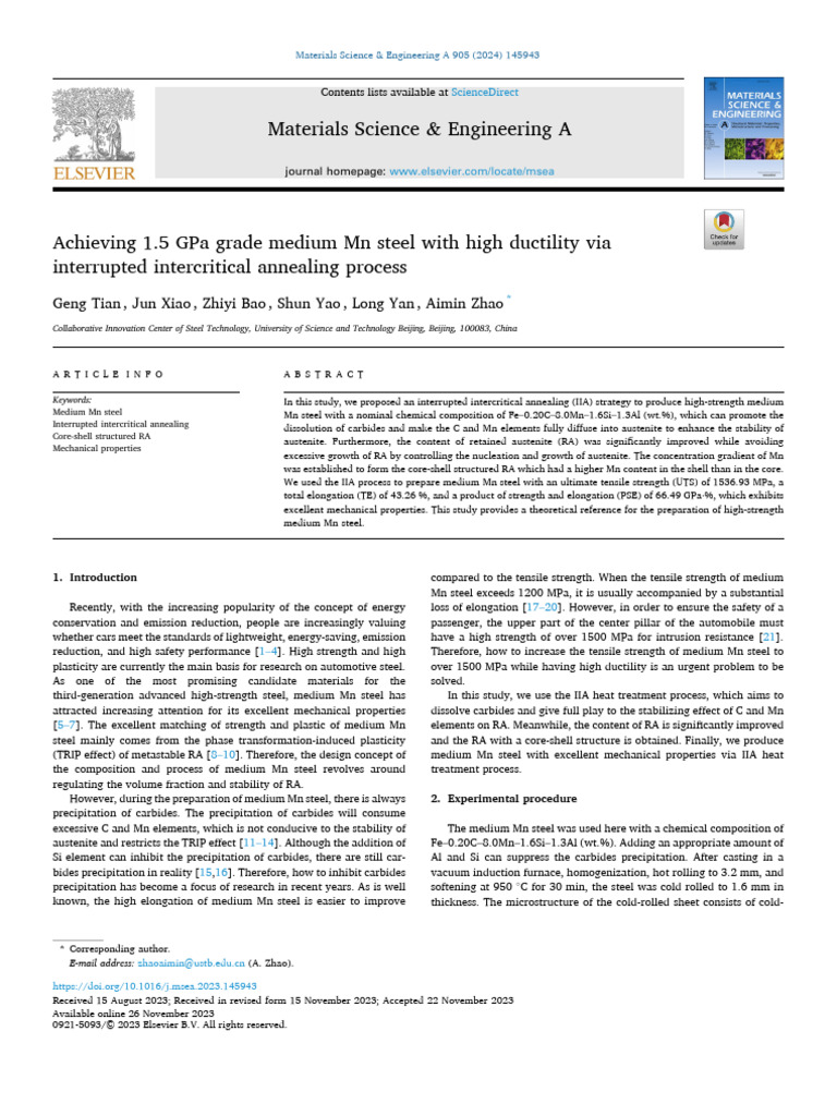 Achieving 1 5 GPa Grade Medium MN Steel With High Duc - 2024 - Materials Science | PDF