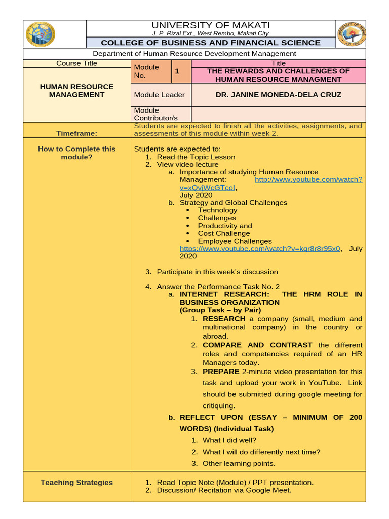 2020 Module 1 HRM The Rewards and Challenges of Human Resource Management | PDF
