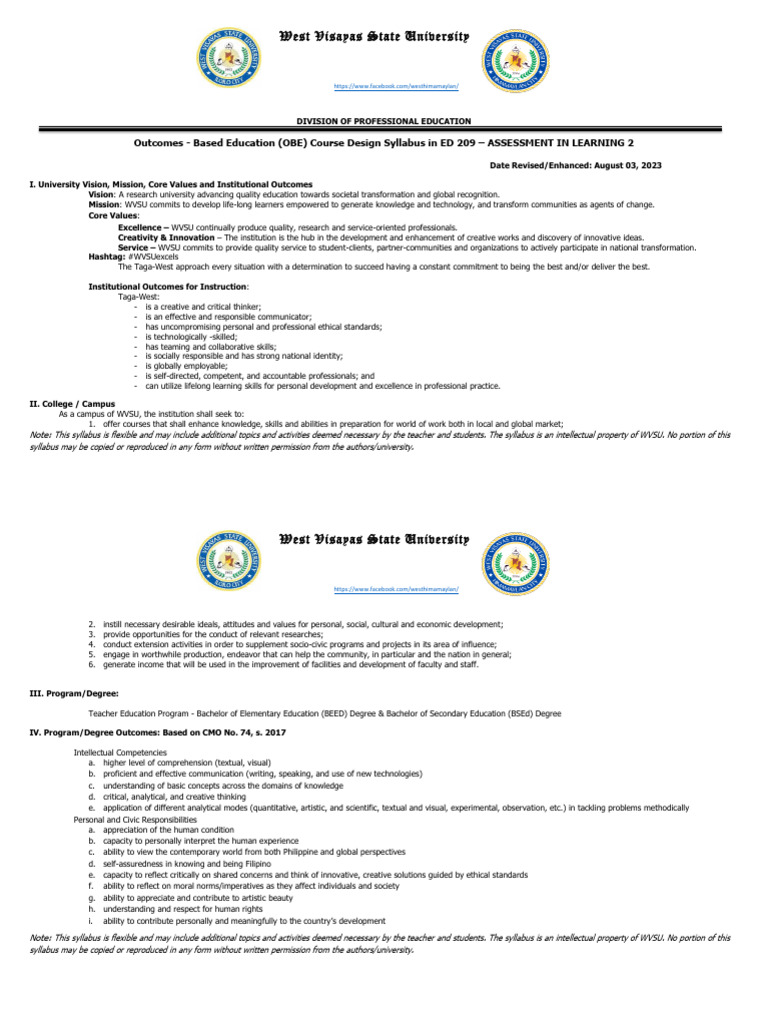 ASSESSMENT IN LEARNING 2 Syllabus 2023 2024 | PDF