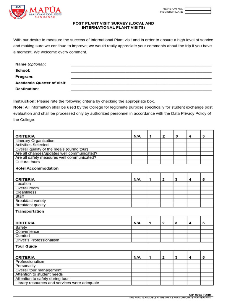 CIP-0004-ForM Post Plant Visit Survey Form (Local and International ...
