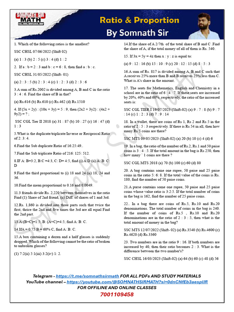 Ratio and Proportion by Somnath Sir | PDF