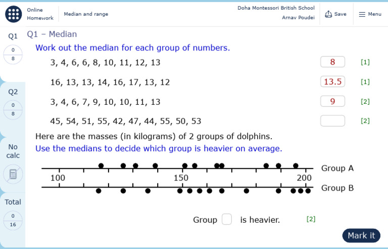 MyiMaths Homework - Median and Range | PDF