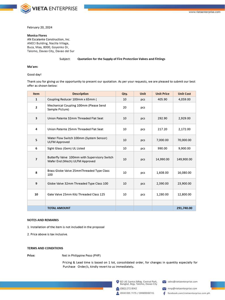 02 - 20 - 2024 - Quotation For The Supply of Fire Protection Valves and Fitting | PDF