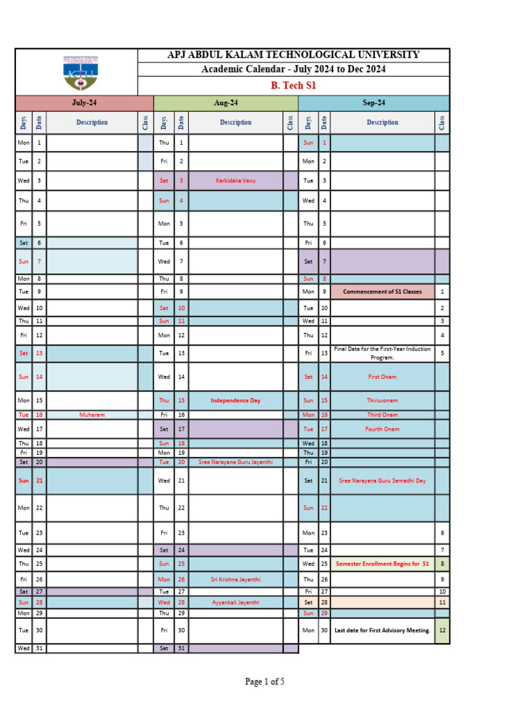KTU B.TechAcademicCalendar S1andS2 2024-25 | PDF