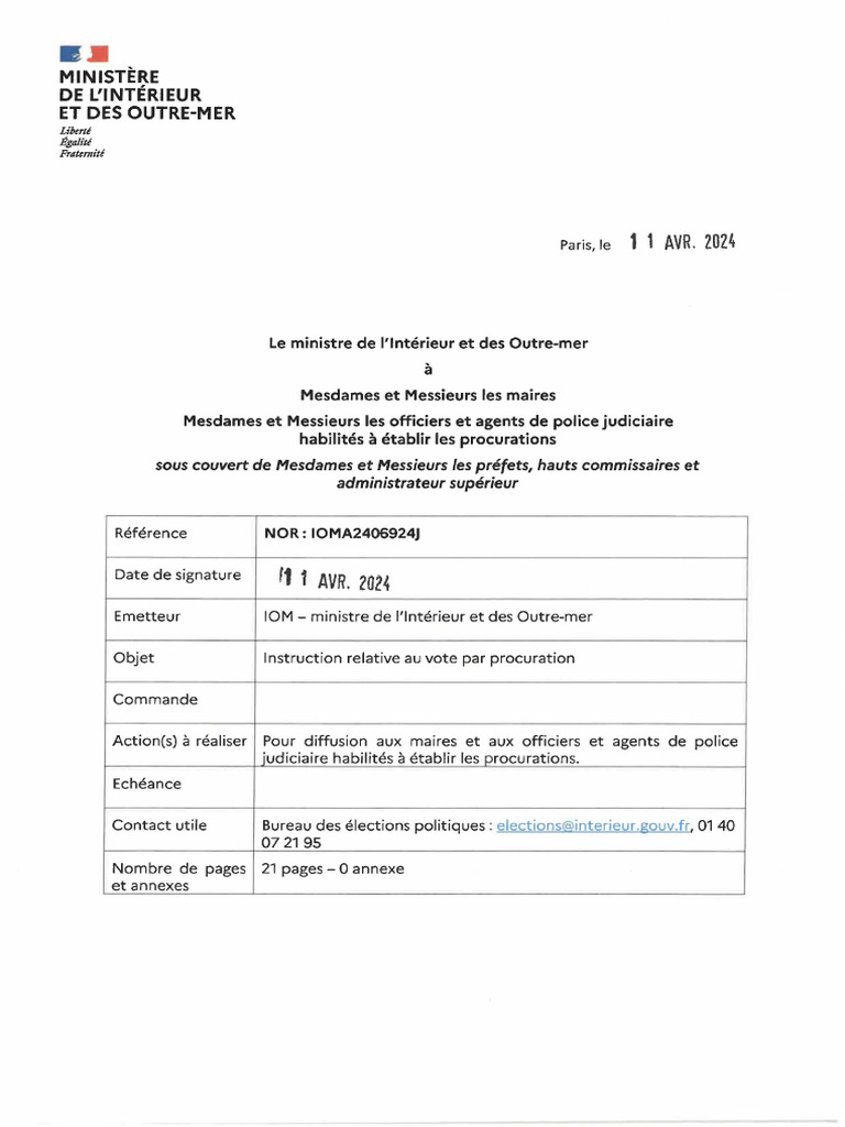 Minint Instruction Relative Au Vote Par Procuration 11042024 | PDF