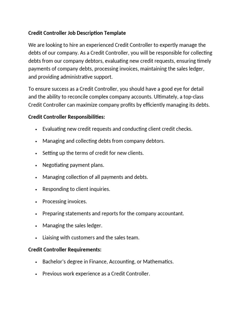 Credit Controller Job Description Template | PDF