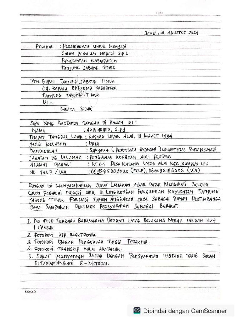 Surat Lamaran Matrai Ardi | PDF