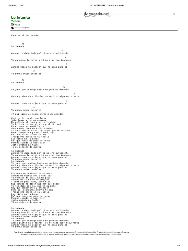 LO INTENTE, Yubeili - Acordes | PDF