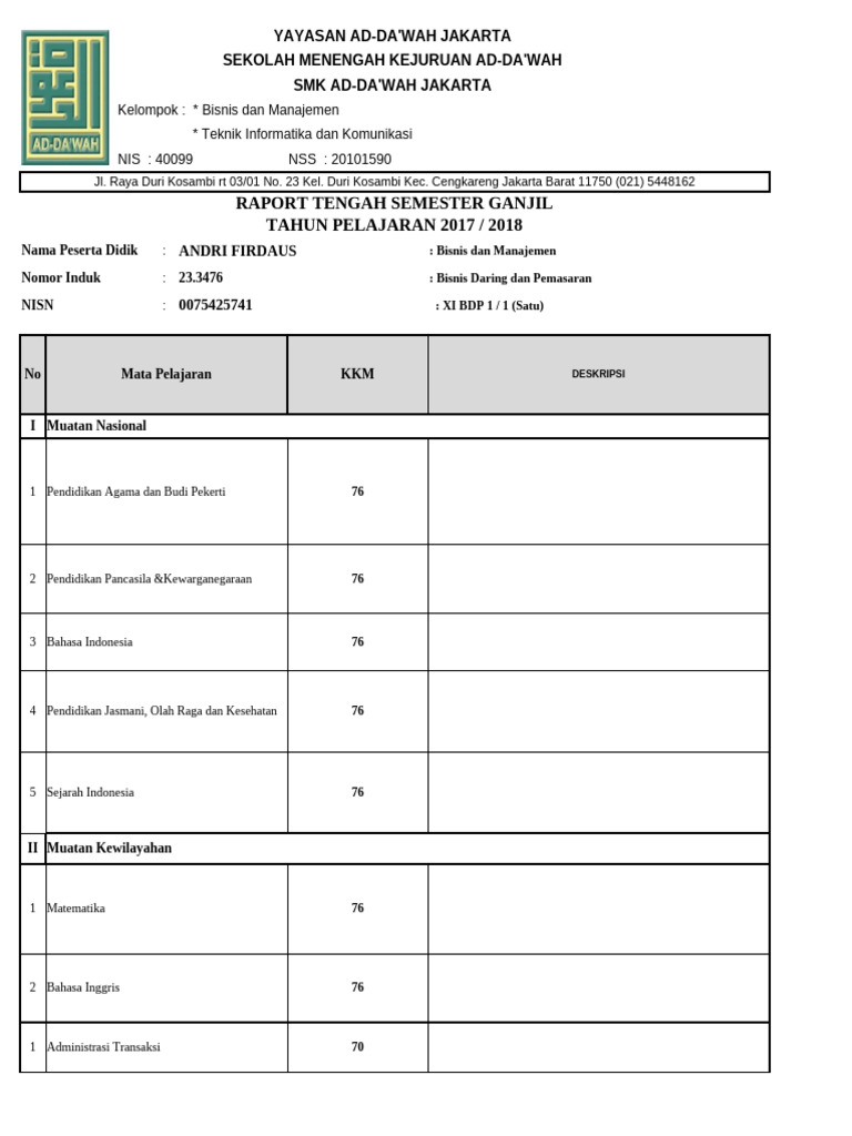 Raport PTS 2024-2025 Kelas XI BDP 2 Print | PDF