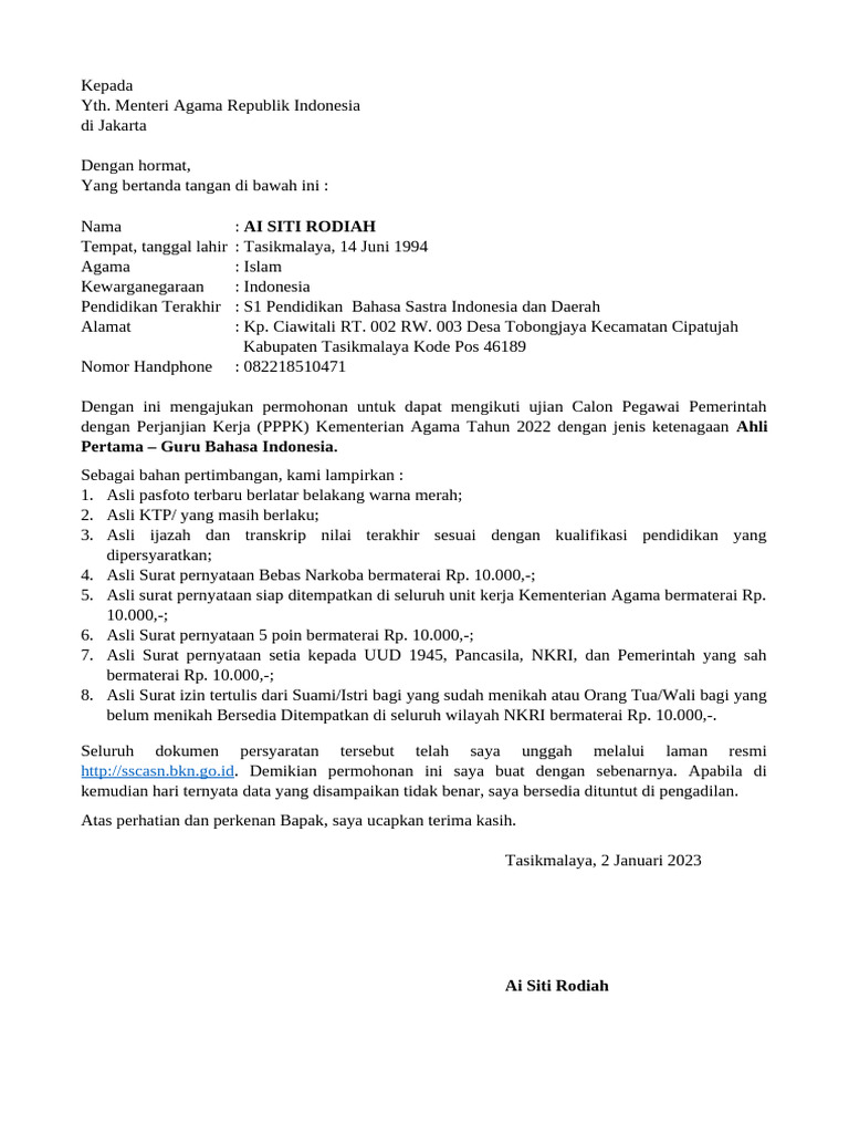 Lamaran P3K Ai Siti Rodiah | PDF | Indonesia