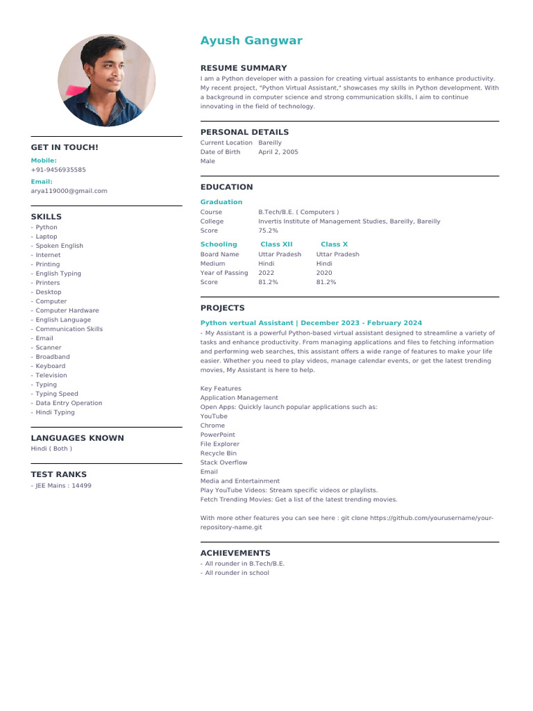 Ayush Gangwar: Resume Summary | PDF