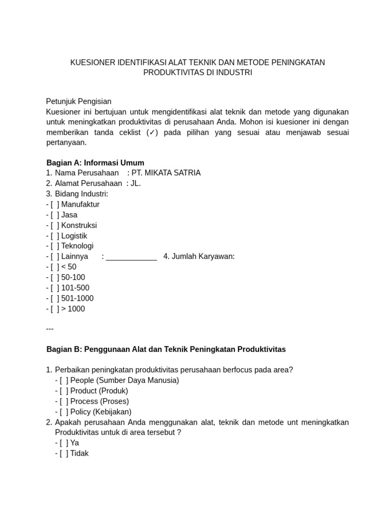 Kuesioner Identifikasi Alat Teknik Dan Metode Peningkatan Produktivitas ...