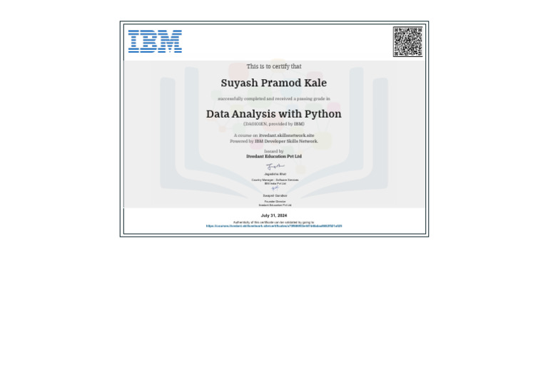 IBM DA0101EN Certificate - IT Vedant | PDF