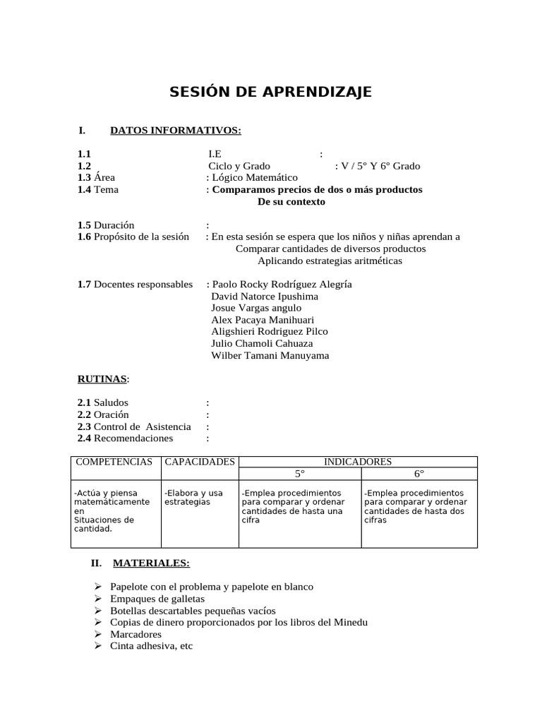 Sesion de Aprendizaje de Matematica 2017 Del III CICLO Paolo | PDF