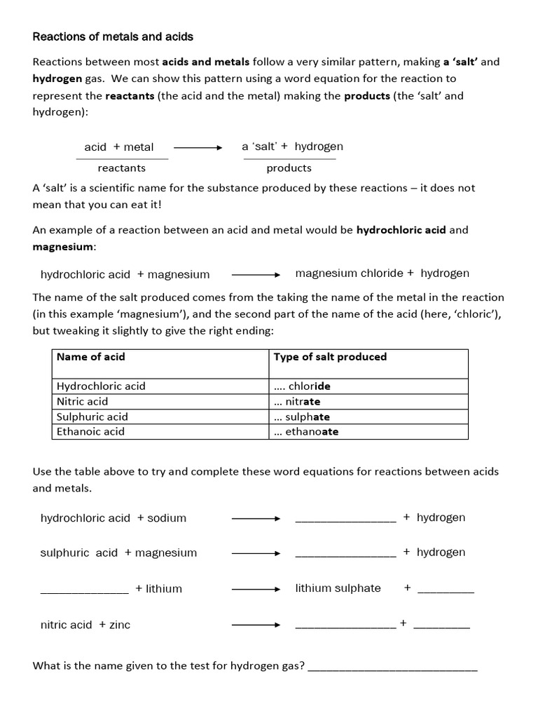 Reactions of Metals and Acids Worksheet | PDF