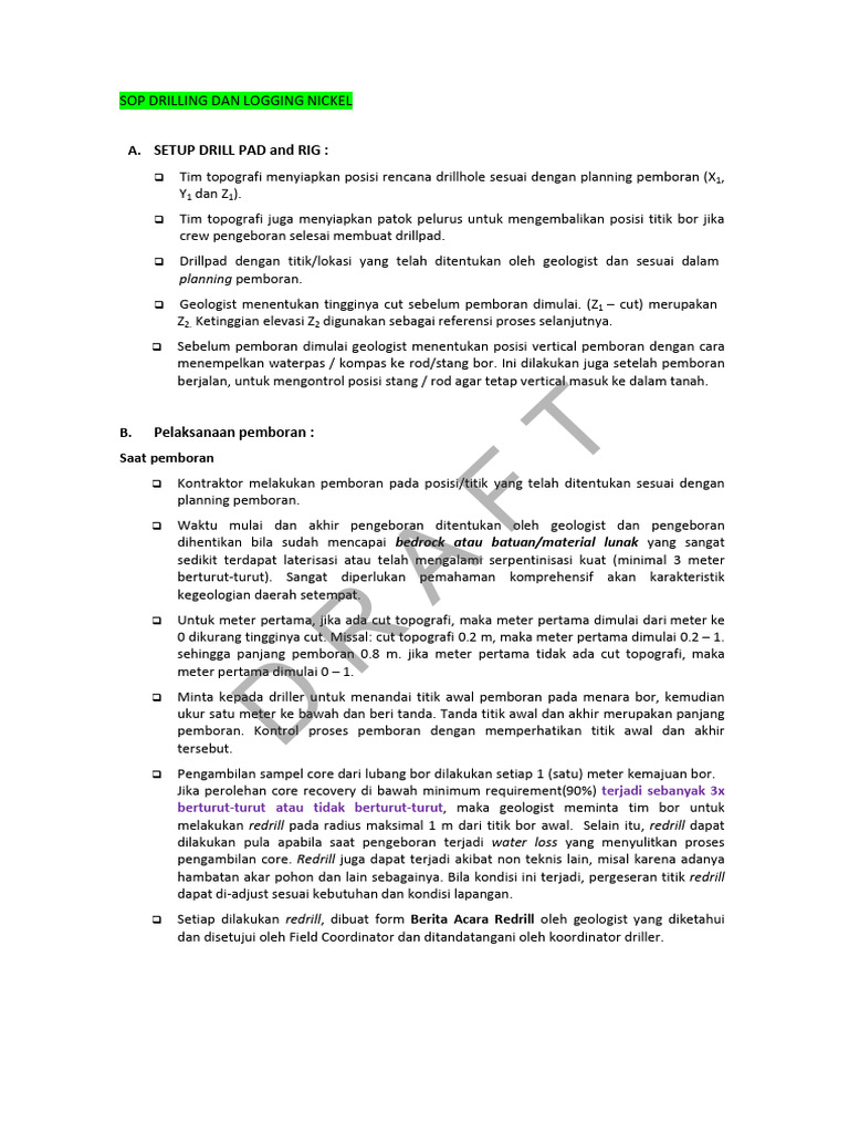 Sop Drilling Dan Logging Nickel | PDF