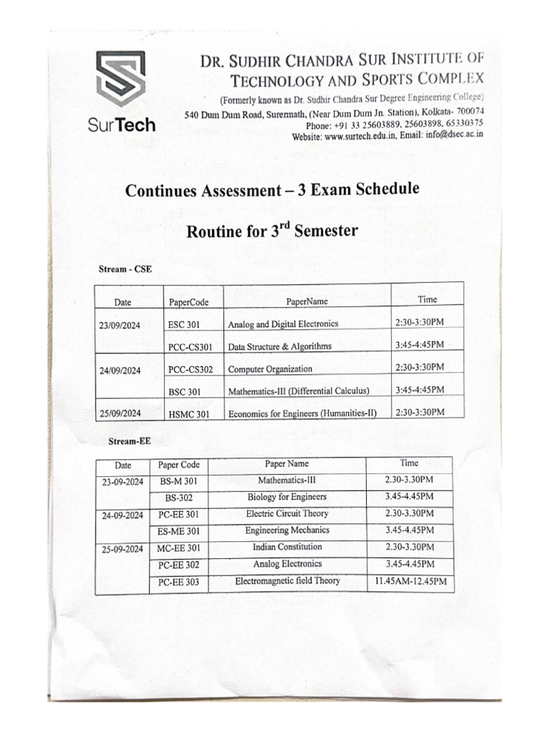CA3 Exam Schedule For Odd Semester | PDF