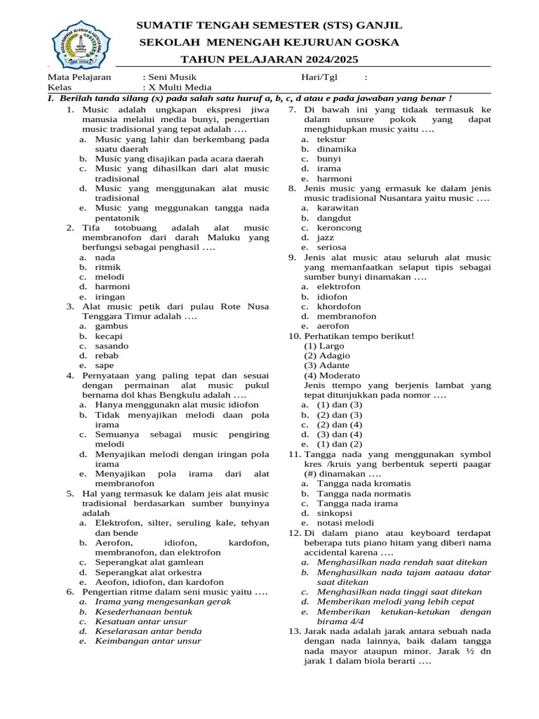 Sts Ganjil Seni Musik 2024-2025 | PDF