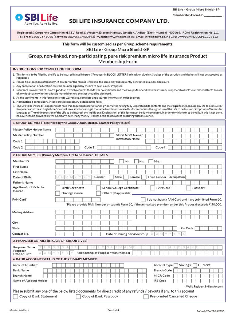 SBI Life - Group Micro Shield - SP - Membership Form Customised | PDF ... SBI Life - Group Micro Shield - SP - Membership Form Customised | PDF ...