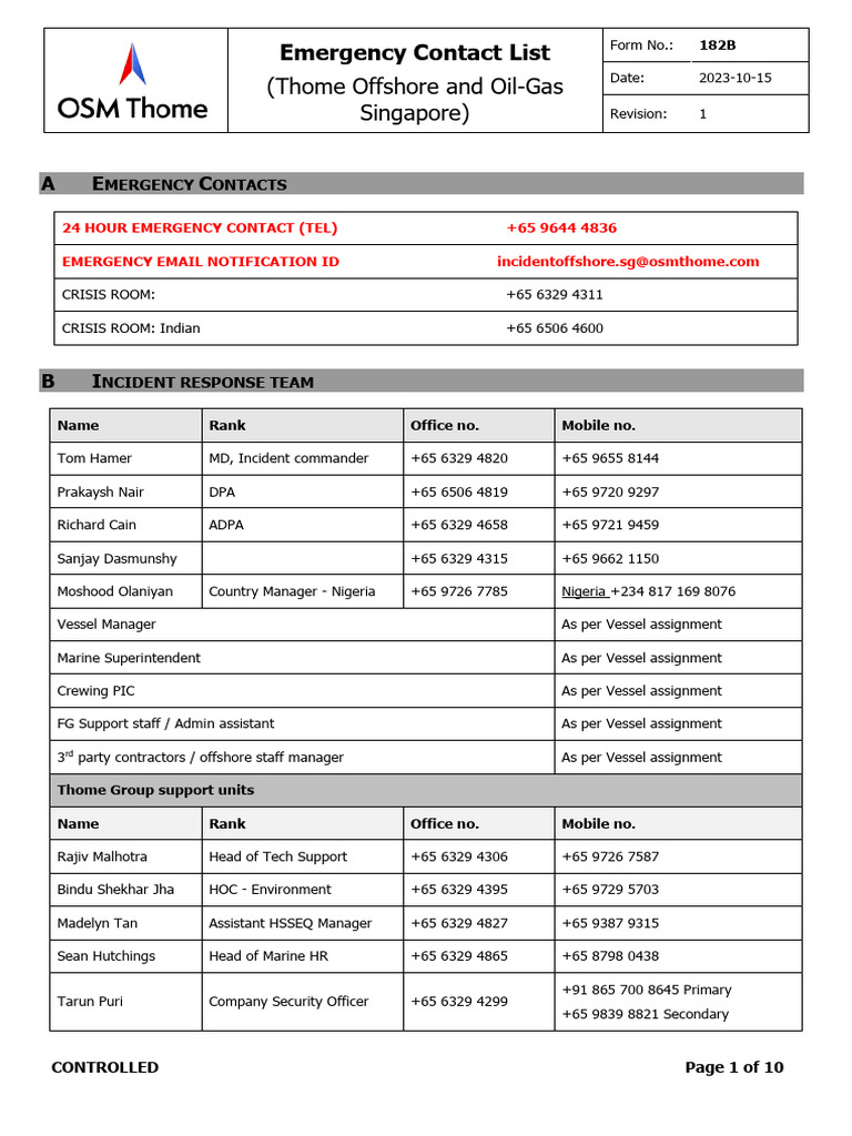 Form 182B - Emergency Contact List Offshore - 15 Oct 2023 | PDF