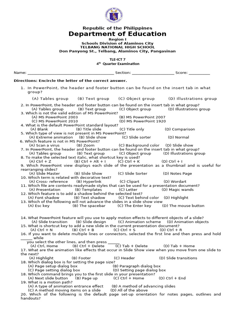 Test-Question-Format - Grade 7 | PDF