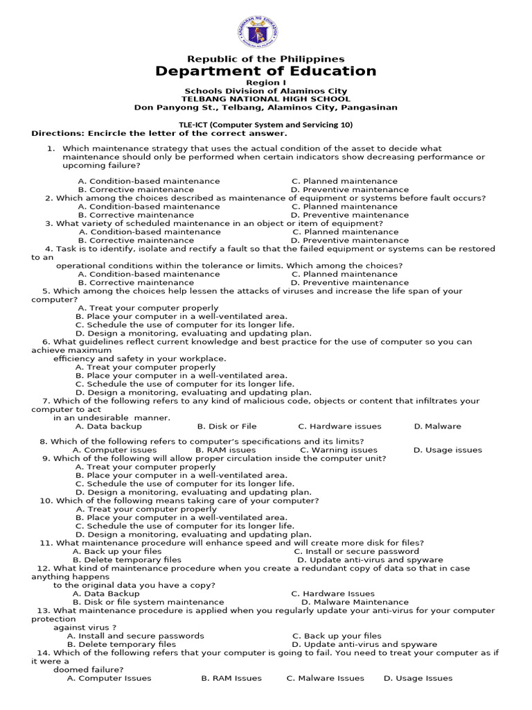 Test-Question-Format - Grade 10 | PDF